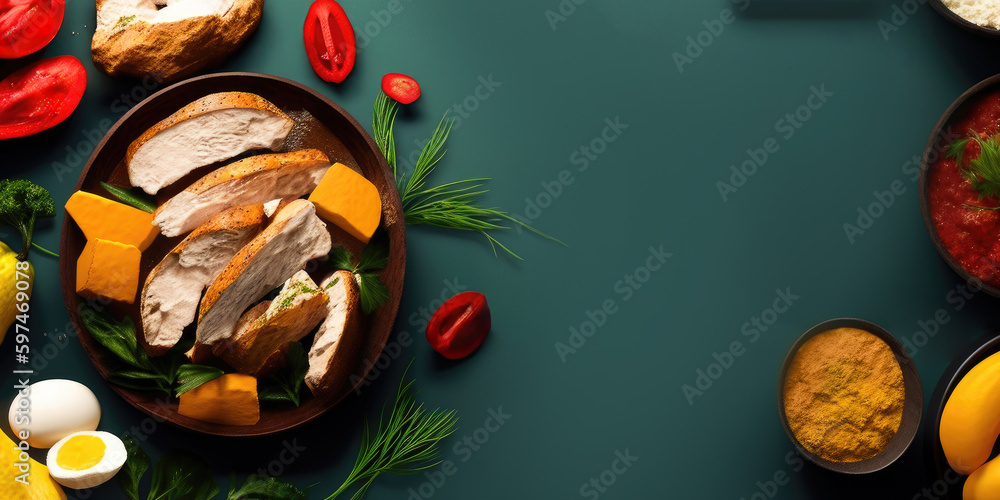 Colorful And Delicious Spread Of Food And Vegetables On Blue Table With ...