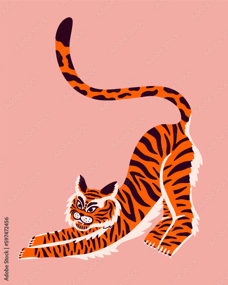 Vector poster with abstract stretching tiger. Japanese or Chinese ...
