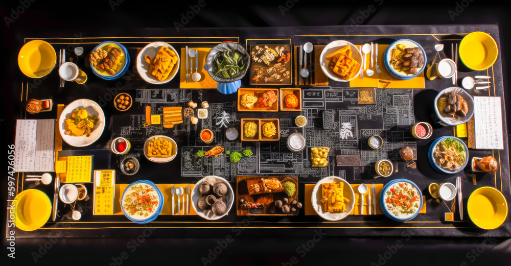 top view of food dinning table in a restasurant, style of interactive ...