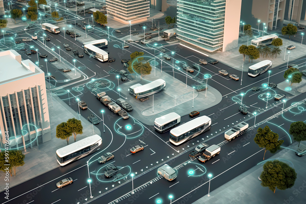 smart cities connect vehicles to buildings to persons, illustration ...