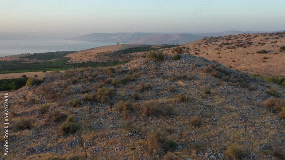 sunrise over the golan heights and lake of galilee in israel. drone ...