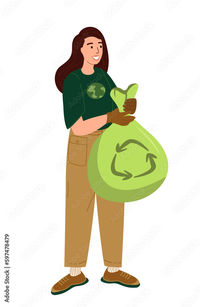 Female Character Holding rubbish bag, Garbage Sack with Recycling ...