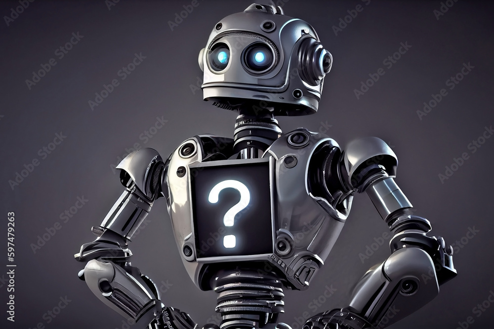 Surprised humanoid robot with glowing eyes and a question mark on his ...