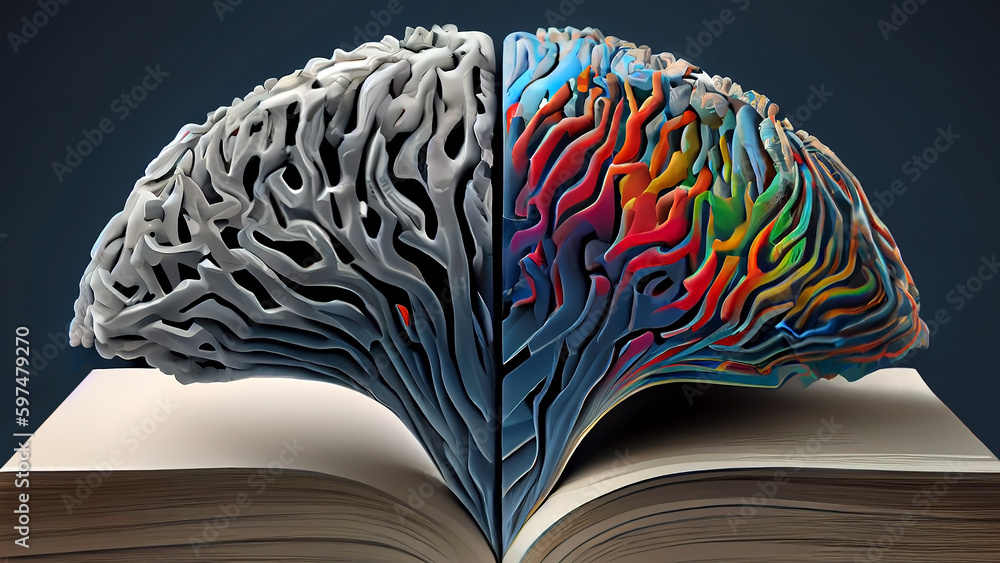Symbolic image of the human brain over the pages of an open book ...