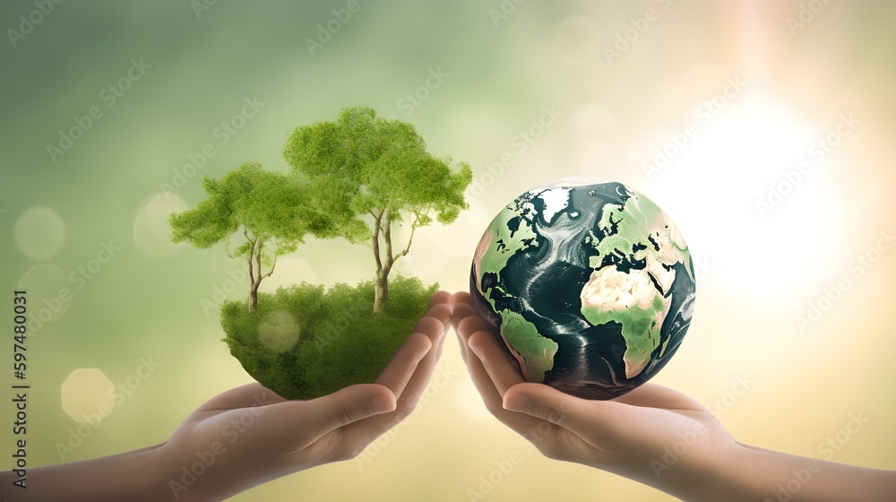 world environment and earth day Tree planted. Two hands holding earth ...