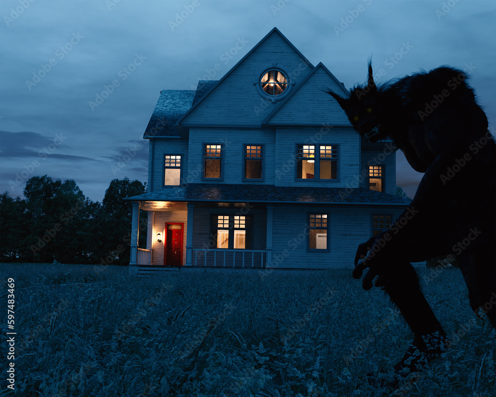 3d illustration of a Werewolf Dogman cryptid looking menacing outside ...