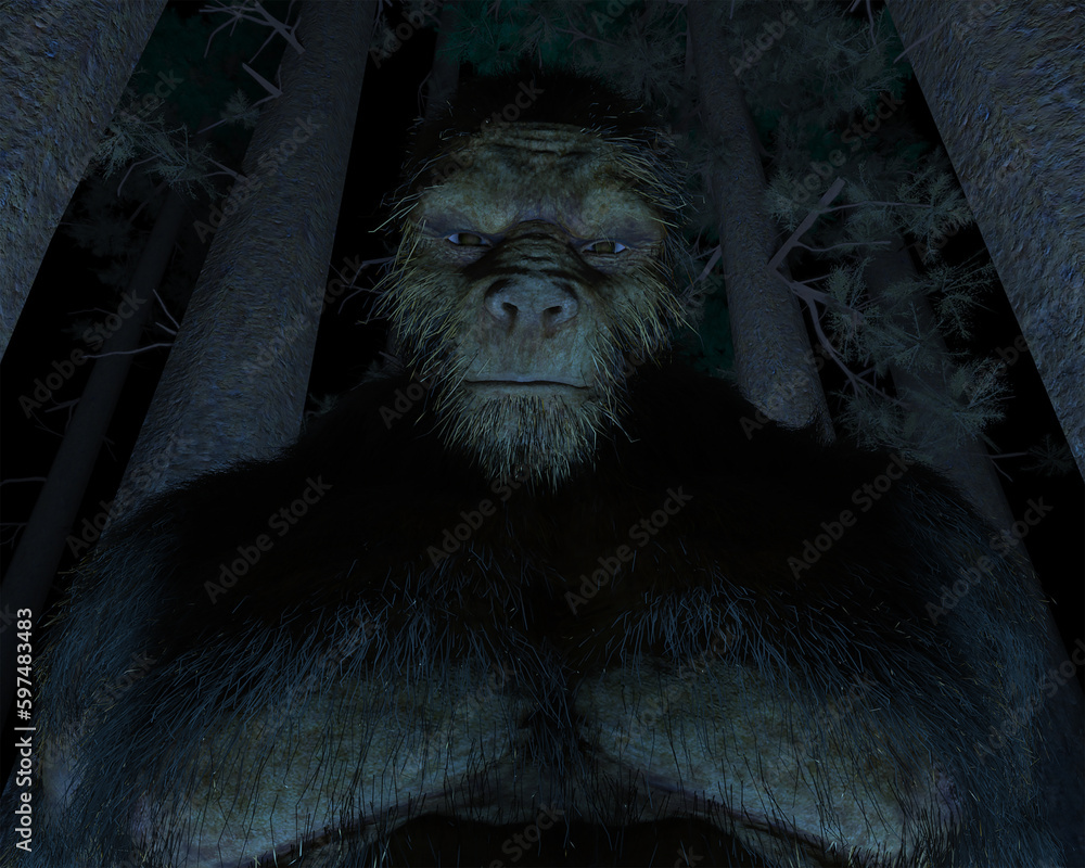3d illustration of a Bigfoot Sasquatch cryptid looking down at the ...