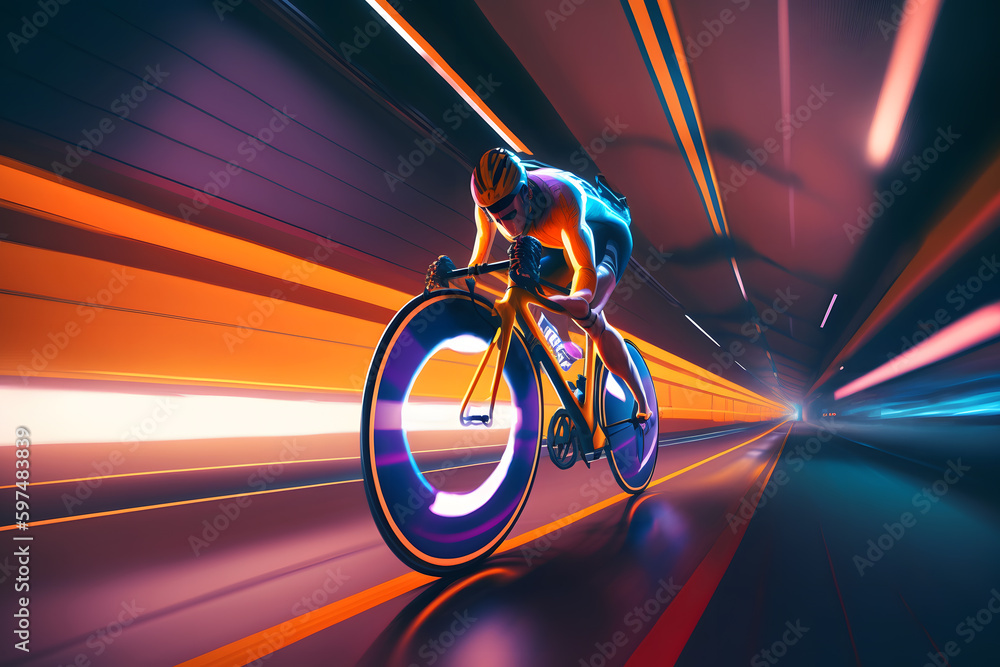 The cyclist rides on his bike at synthwave background. Neural network ...