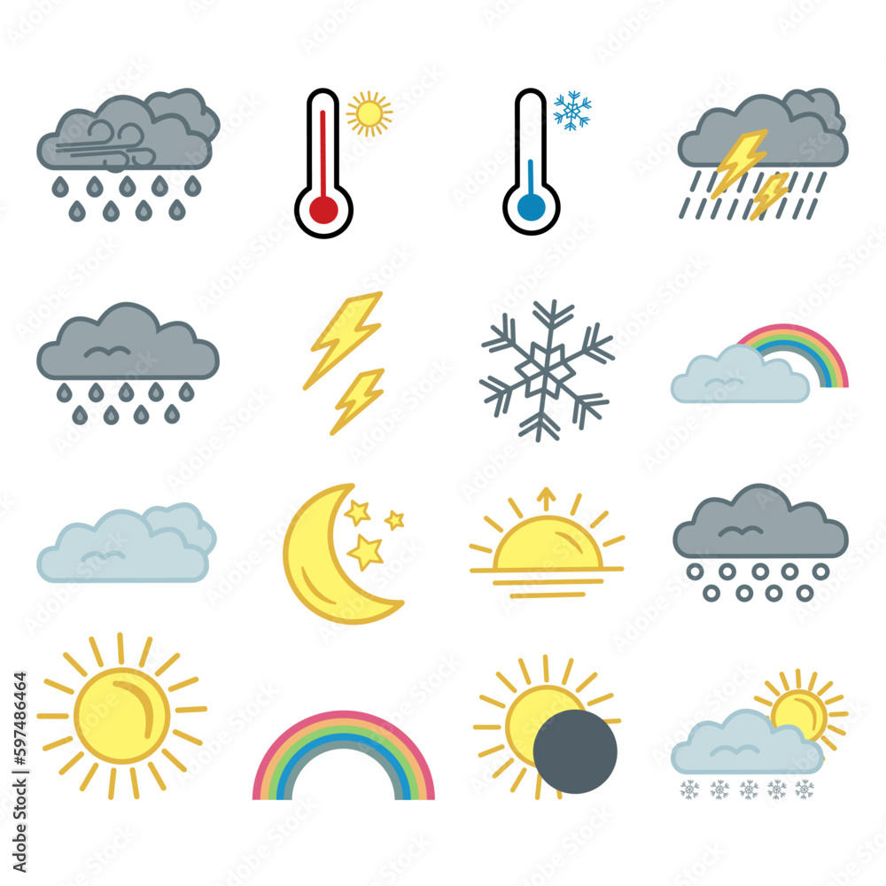 Weather Color Icons Set. Outline Collection of Meteorological Symbols ...