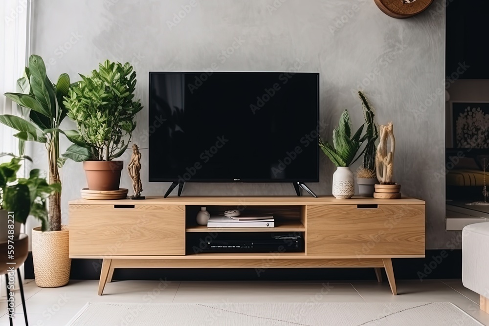 Television put on tv stand wood table, in minimal empty space ...