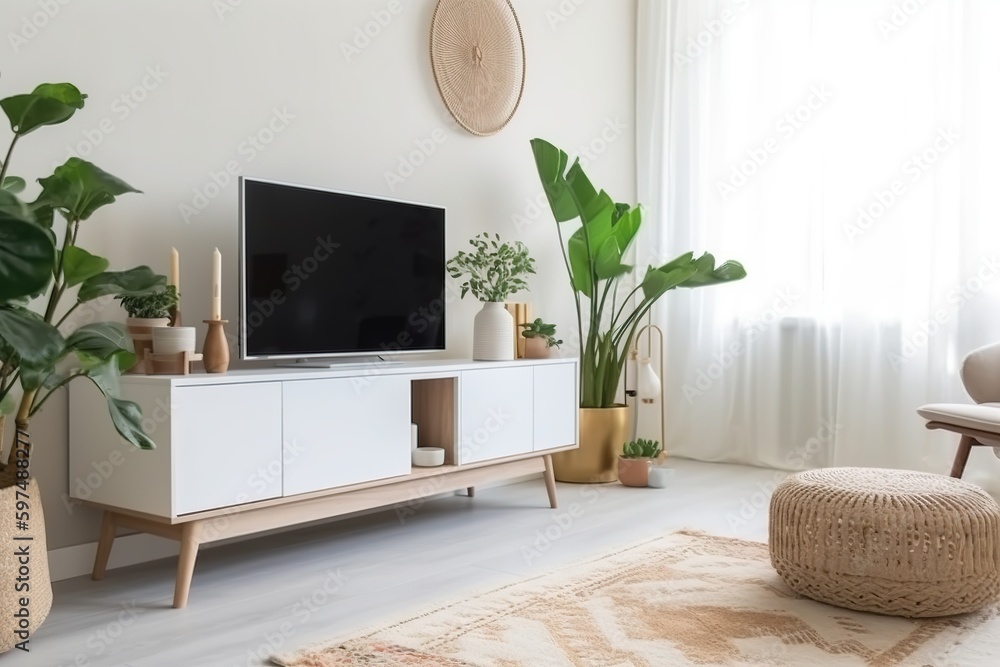 Television put on tv stand wood table, in minimal empty space ...