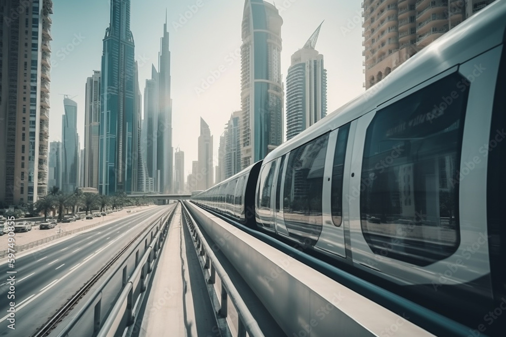 Metro in Dubai, UAE. Public transport with skyscrapers and city skyline ...