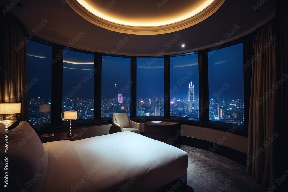 Luxury hotel room at night with a metropolis behind the window created ...