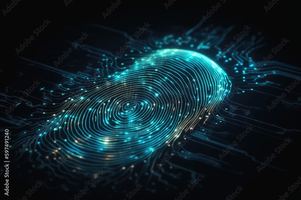 Detailed fingerprint made of glowing light on a dark technical ...