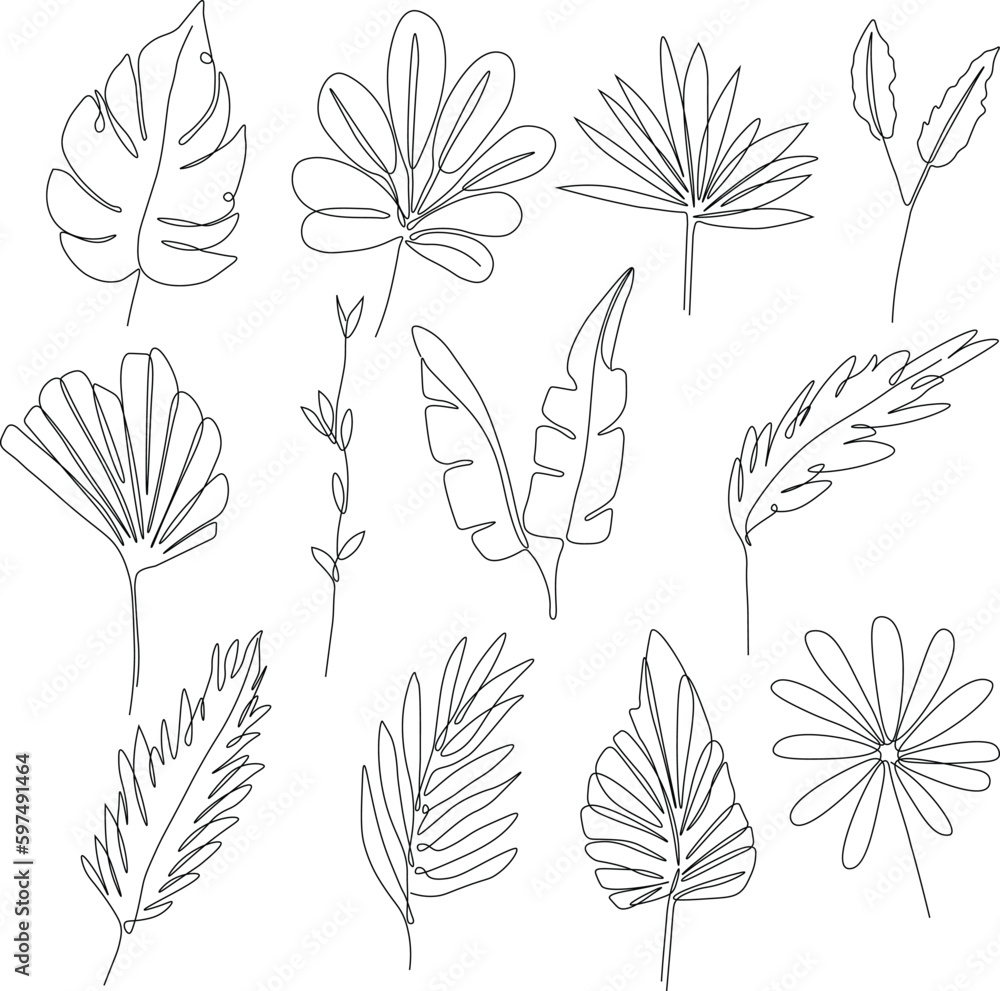 Poster One line continuous boho leaves set, single line drawing art ...