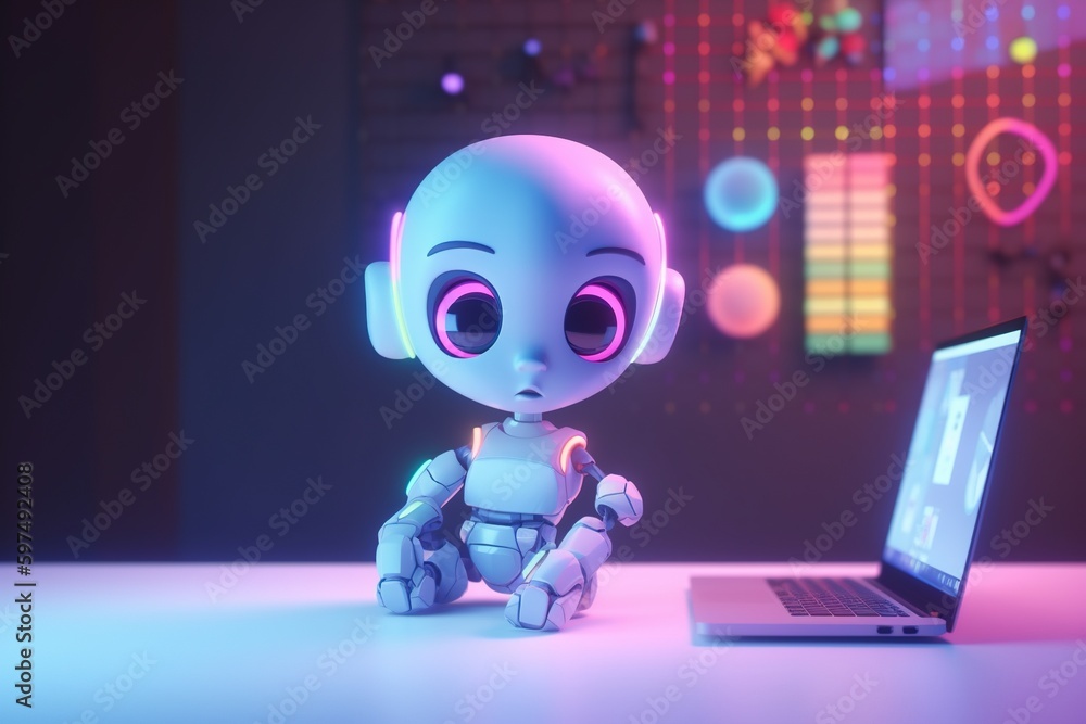 Cute AI children face pastel colors robot working with laptop in the ...