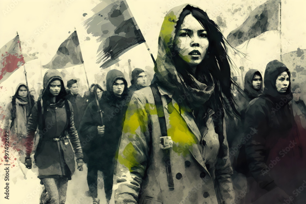 group of women marching in protest with flags, watercolor painting made ...