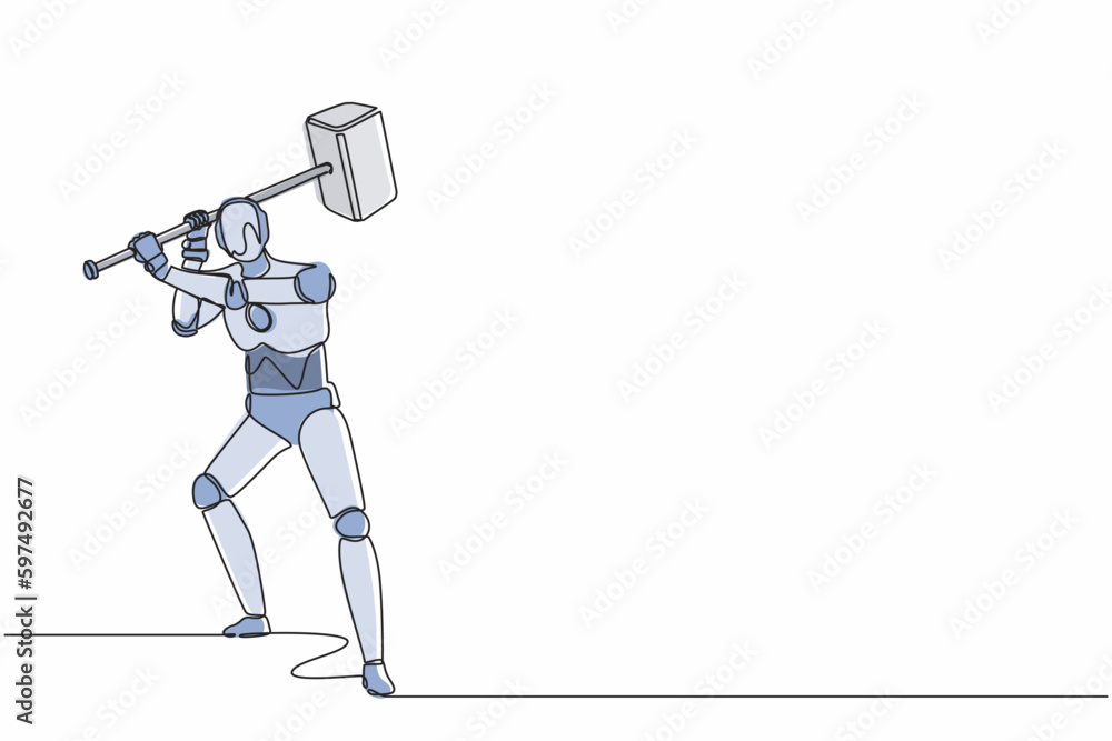 Continuous one line drawing robot standing and swinging big hammer ...