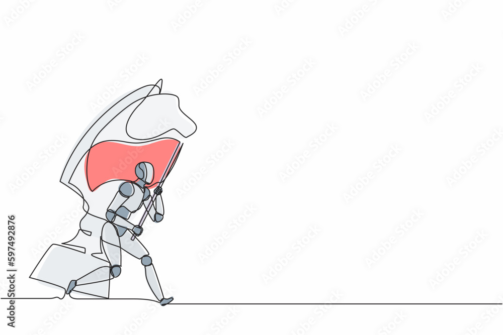 Continuous one line drawing robots running and holding flag beside big ...