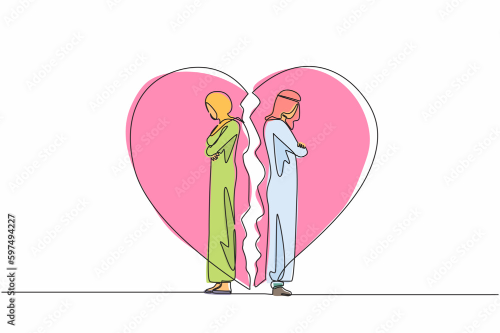 Continuous one line drawing unhappy Arab couple standing arms crossed ...