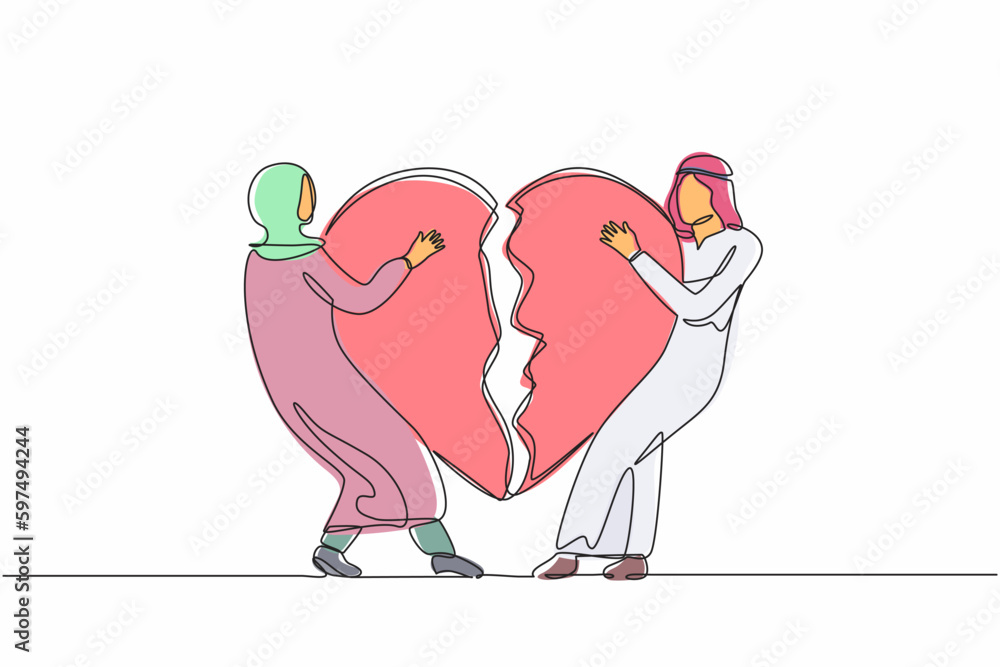 Single continuous line drawing lovers broken heart. Young Arab man ...