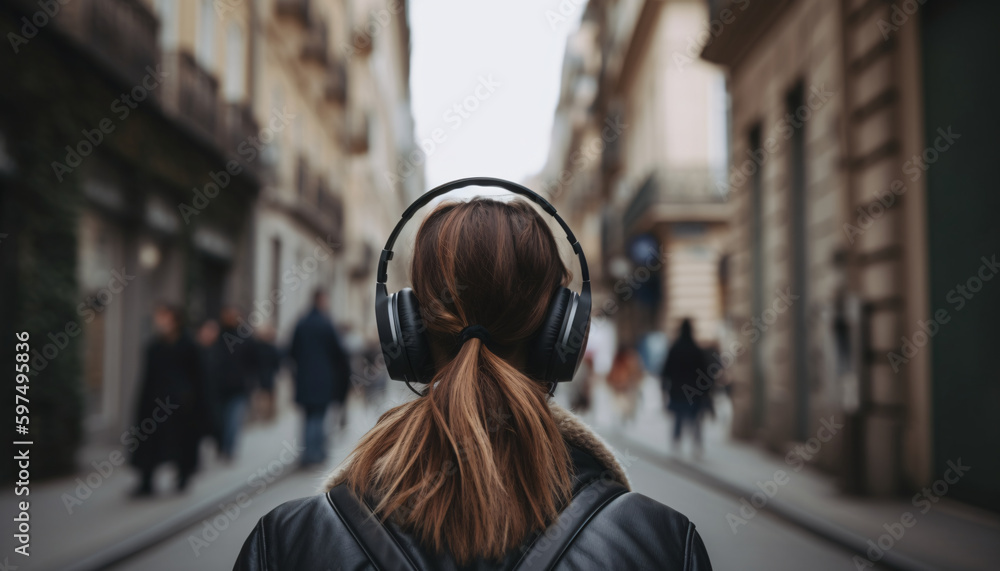Back view of a woman listening to music or a podcast with headphones in ...