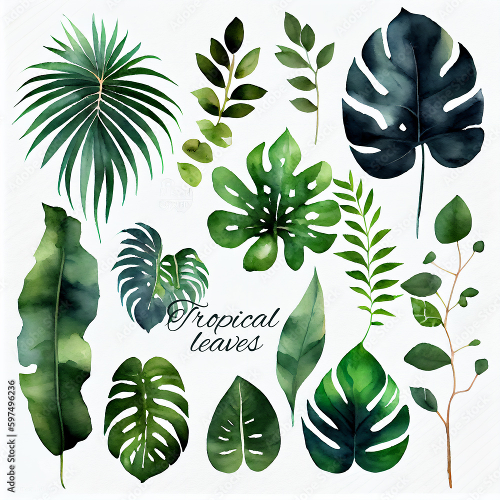 Watercolour clipart collection with green tropical leaves on isolated ...