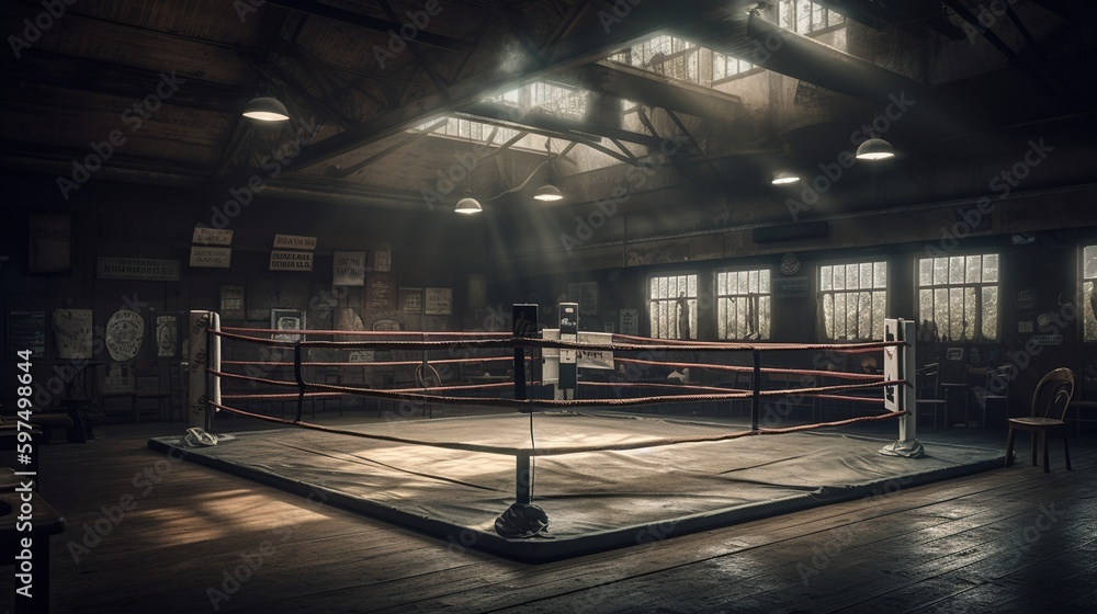 Empty boxing ring. An old vintage boxing ring surrounded by ropes ...