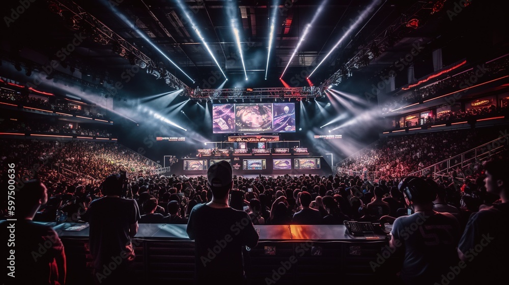 E-sports arena, esports tournament. Big illuminated main stage of a ...