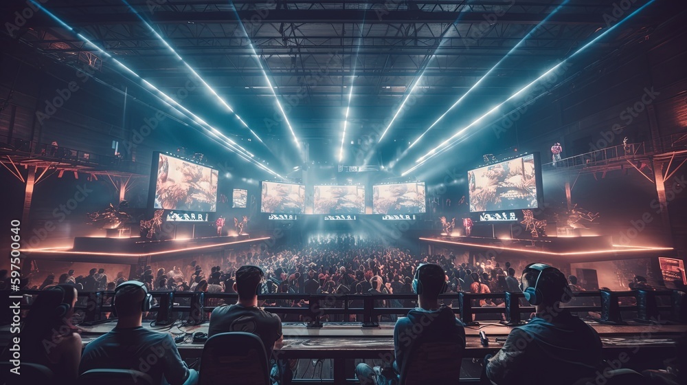 E-sports arena, filled with cheering fans and colorful LED lights ...