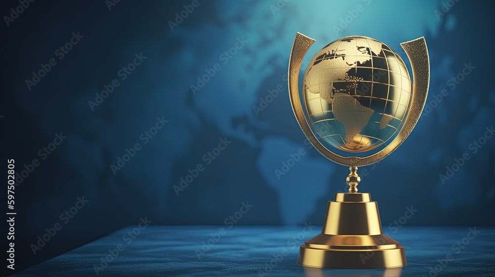 Trophy illustration with world map, competitiveness and victory concept ...