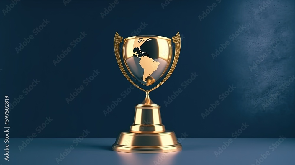 Trophy illustration with world map, competitiveness and victory concept ...