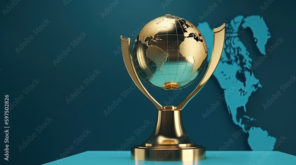 Trophy illustration with world map, competitiveness and victory concept ...