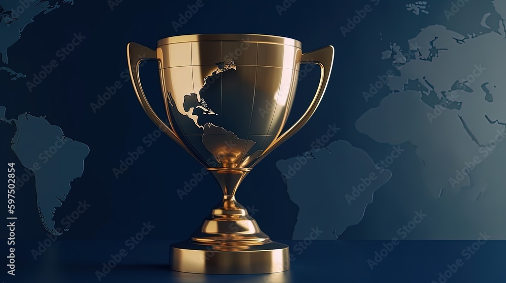 Trophy illustration with world map, competitiveness and victory concept ...