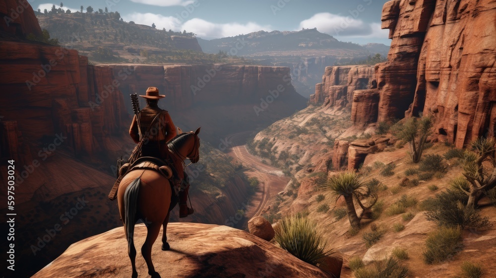 Cowboy on horseback, landscape with canyons, wild west concept ...