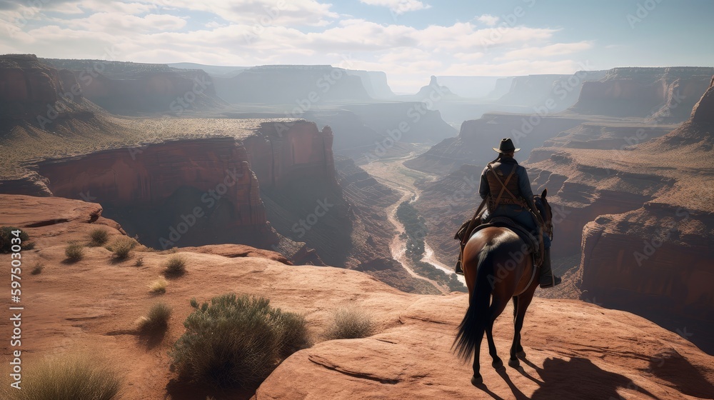 Cowboy on horseback, landscape with canyons, wild west concept ...