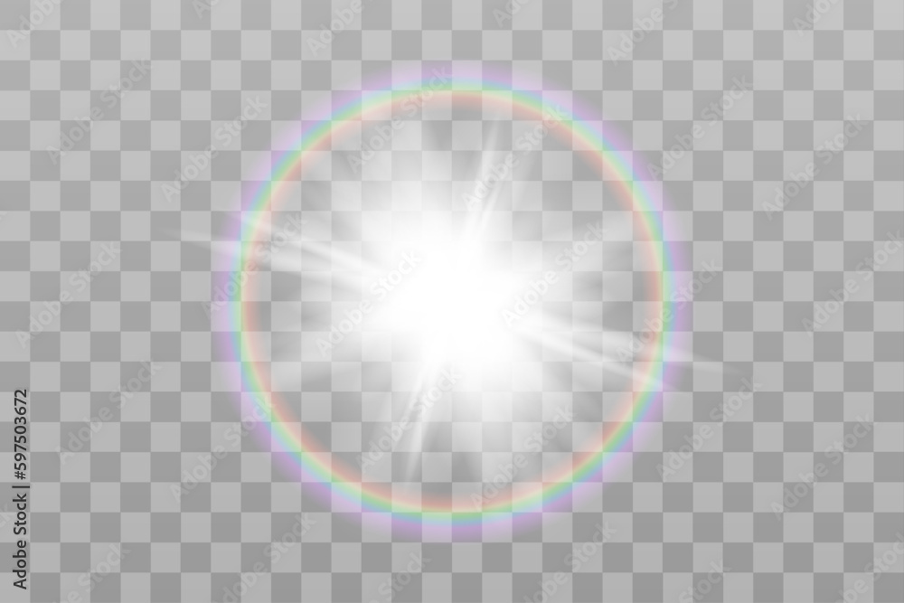Shining sun glare rays, lens flare vector illustration with a rainbow ...