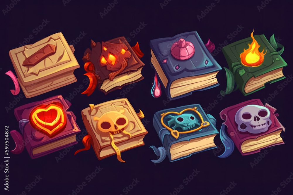 gic books set isolated on background. Fantasy volumes with blue, green ...