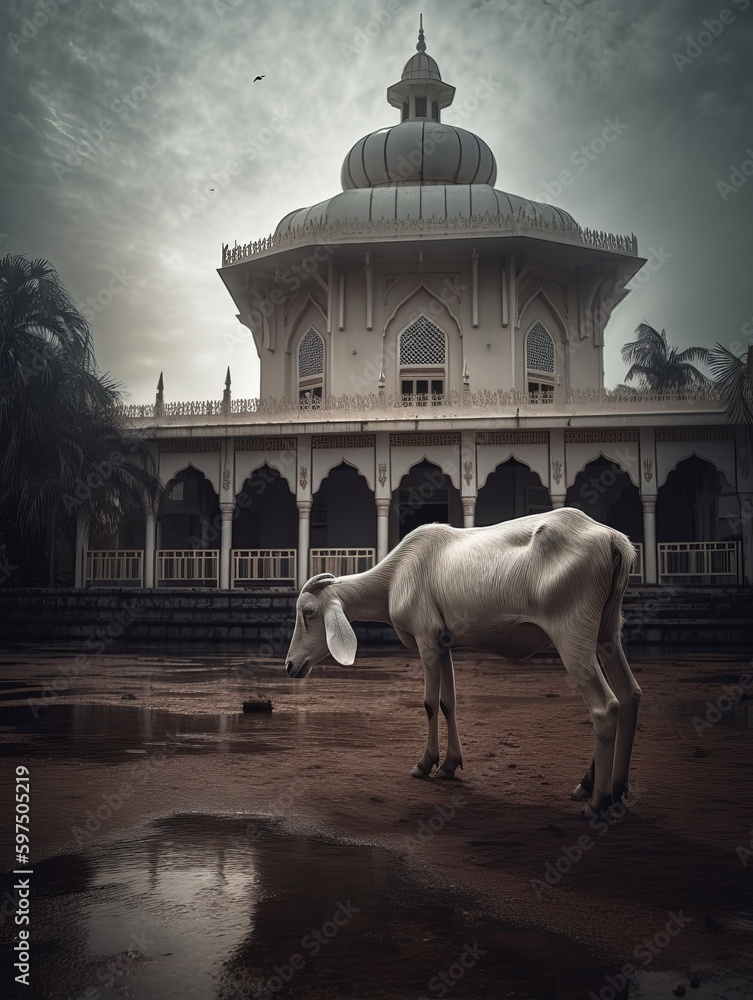 Goat or cow on the yard with reflection water and mosque building. Very ...