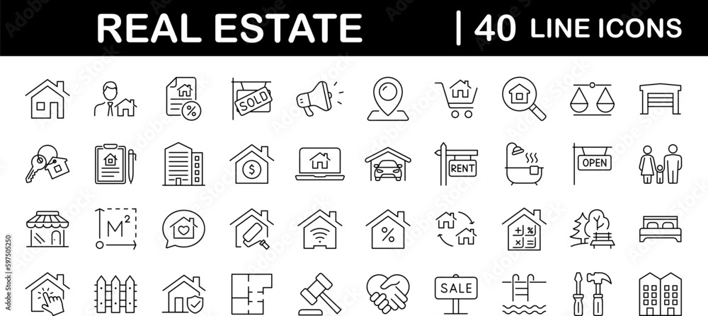 Real Estate set of web icons in line style. Realty icons for web and ...