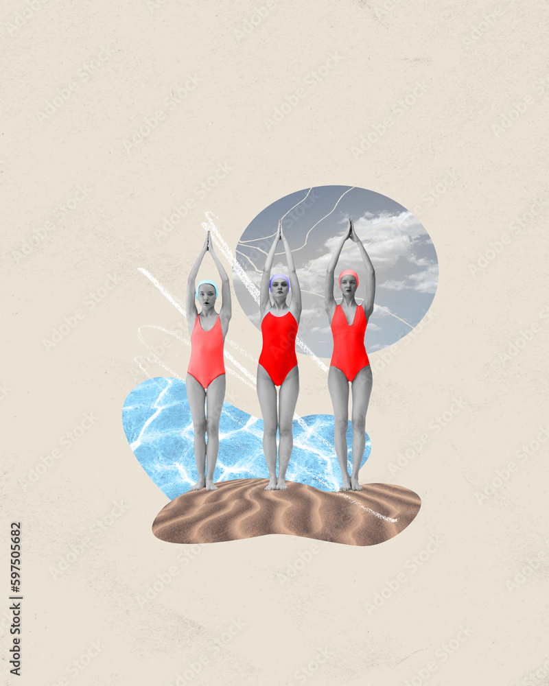 Three young girls in swimsuits standing on warm sand, beach, preparing ...