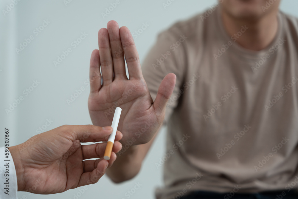 No smoking. Man stop smoke, refuse, reject, break take cigarette, say ...