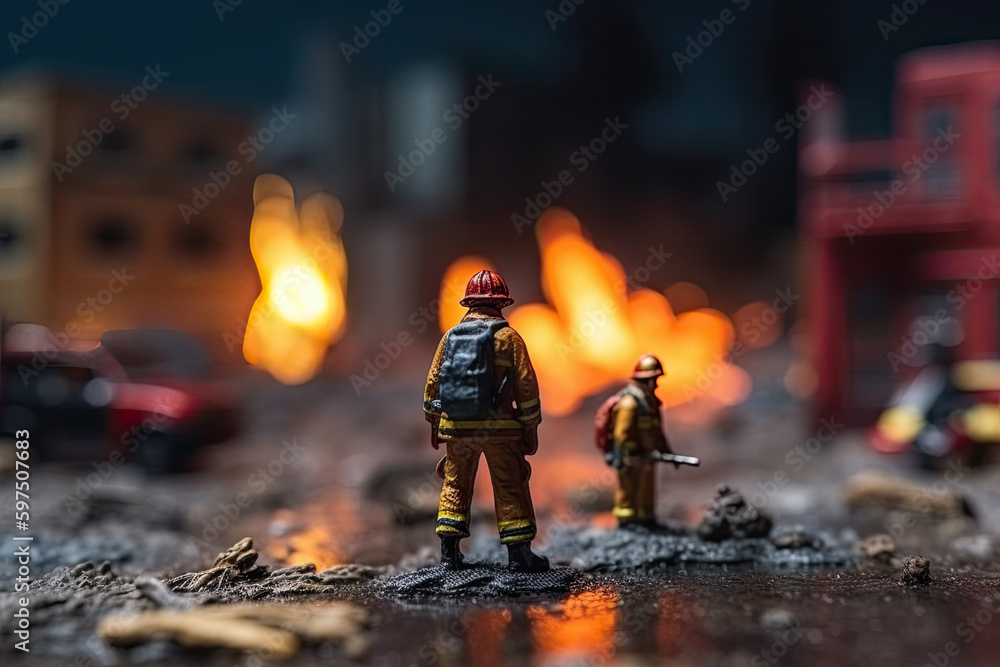 Miniature people figurines of firefighters with fire blazing in ...