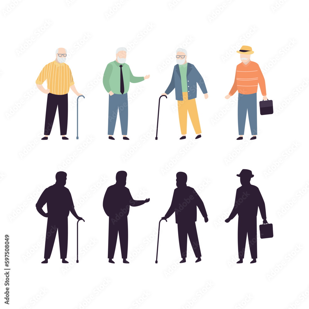 Set of elderly people with silhouettes. Collection of aged male ...