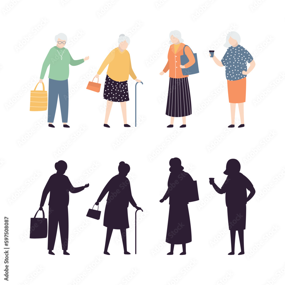 Set of elderly people with silhouettes. Collection of aged female ...
