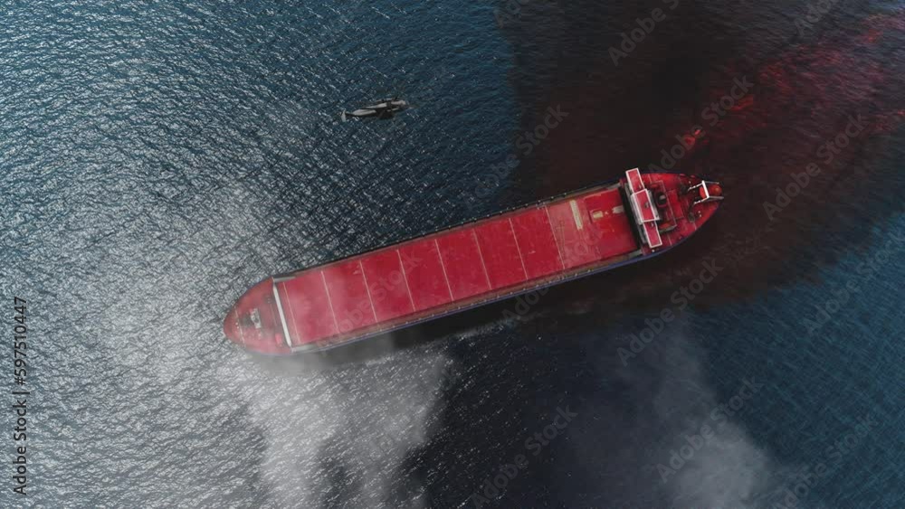 Oil Spills out from Tanker ship in the ocean Aerial view Drone view ...