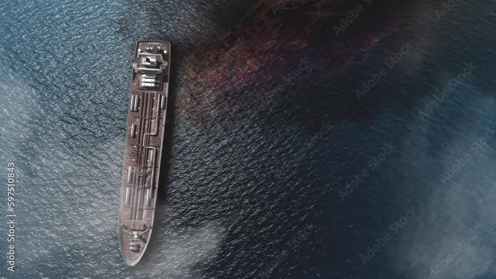 Oil Spills out from Tanker gas ship in the ocean Aerial zoom out view ...