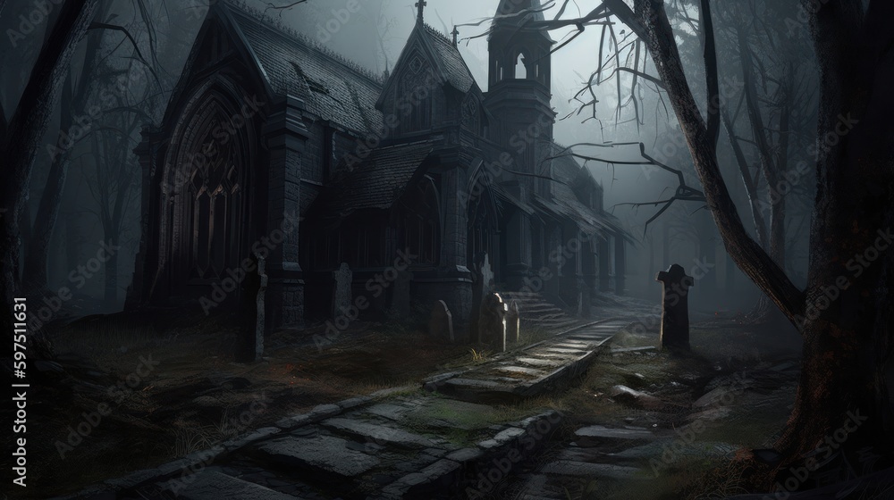 Gothic horror world with dark castle, crypts, and haunted forests Stock ...