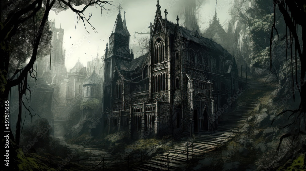 Gothic horror world with dark castle, crypts, and haunted forests Stock ...