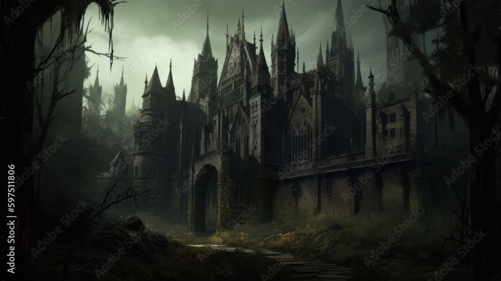 Gothic horror world with dark castle, crypts, and haunted forests Stock ...